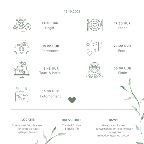 Botanisch programma kaart icoontjes bij trouwkaart